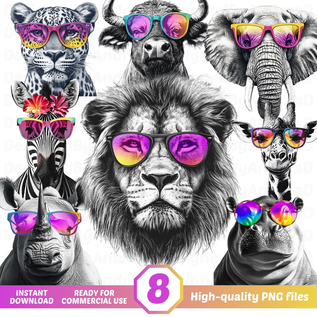 Safari Animals in Sunglasses Clipart, Safari Animals in Glasses Png ...