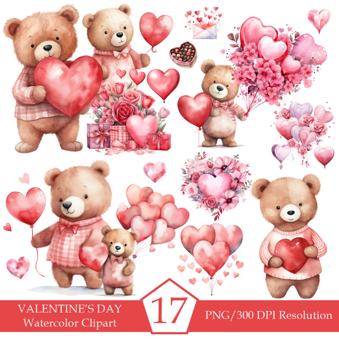 Watercolor Valentines Day Clipart, Heart, Red Roses, Teddy Bear, Cute ...