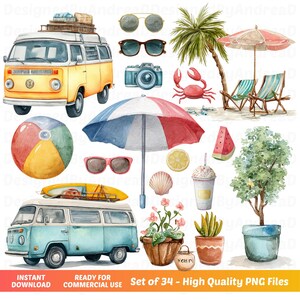Watercolor Summer Beach Clipart, Summer Vacation PNG, Travel Clipart ...
