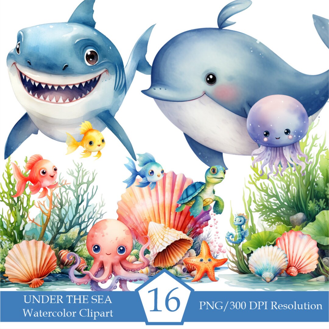 Watercolor Sea Animals Clipart, Under the Sea, Ocean Animals, Cute Fish ...