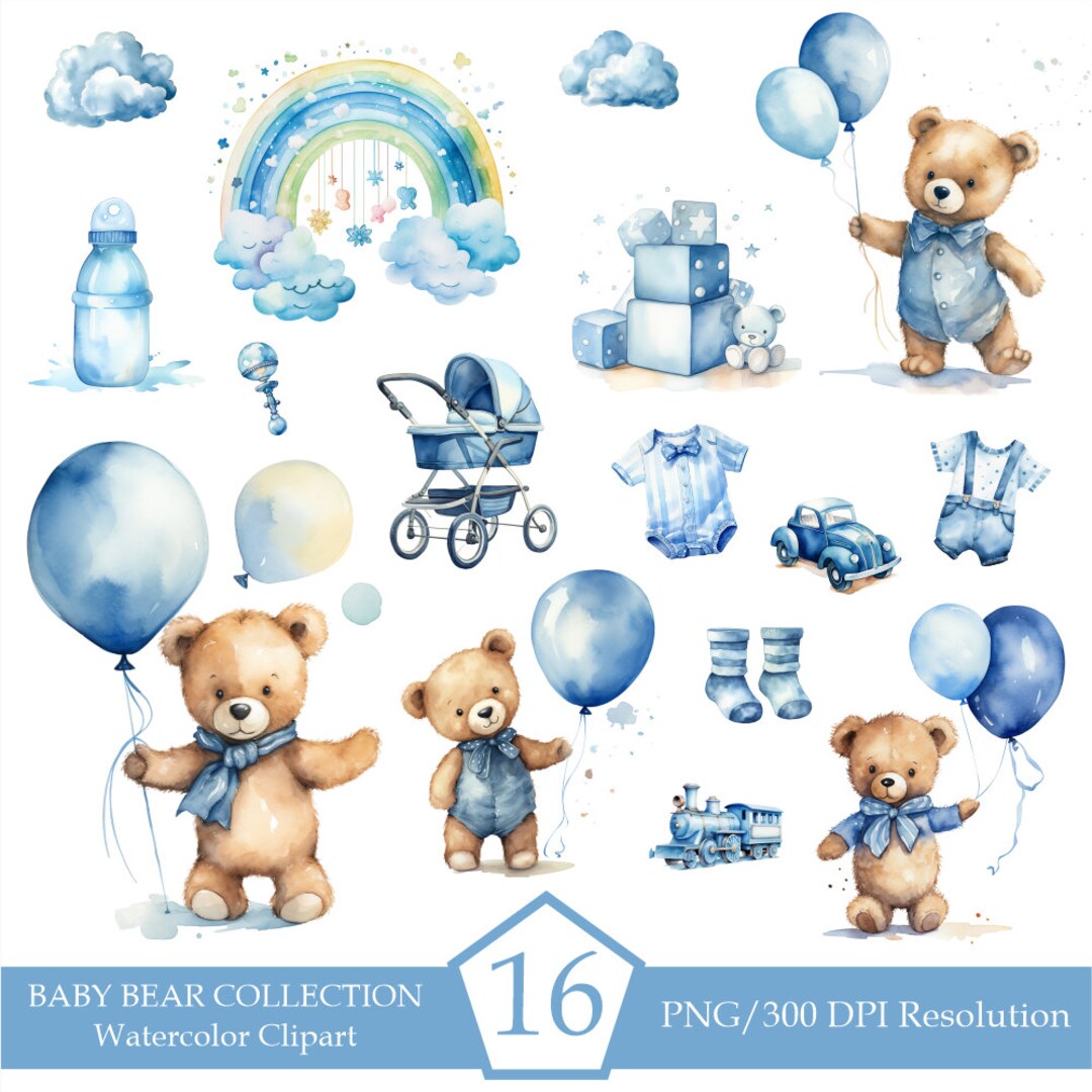 Watercolor Teddy Bear Clipart, Vintage Teddy Bear, Blue Baby Bear, Baby Shower Clipart, Png ...