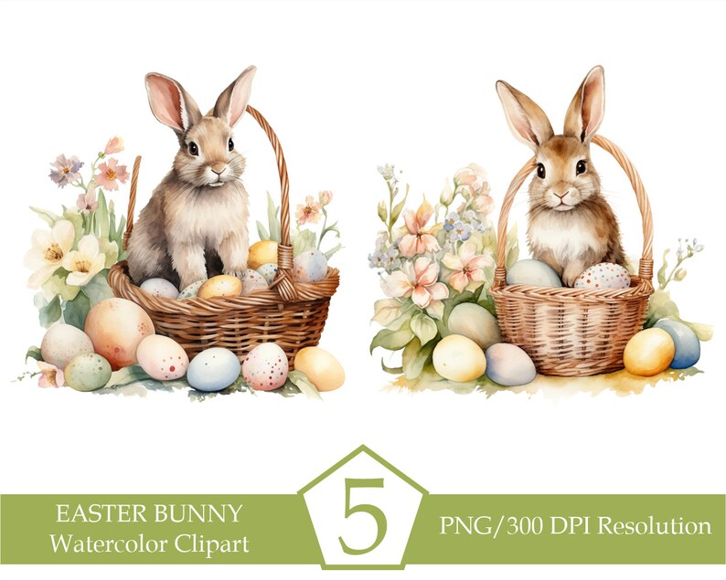 Cute Floral Bunny Clipart, Easter Bunny Basket, Easter Egg, Easter ...