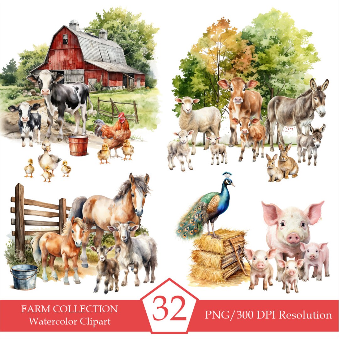 Watercolor Farm Clipart Cute Animals Png Barn and Nursery - Etsy