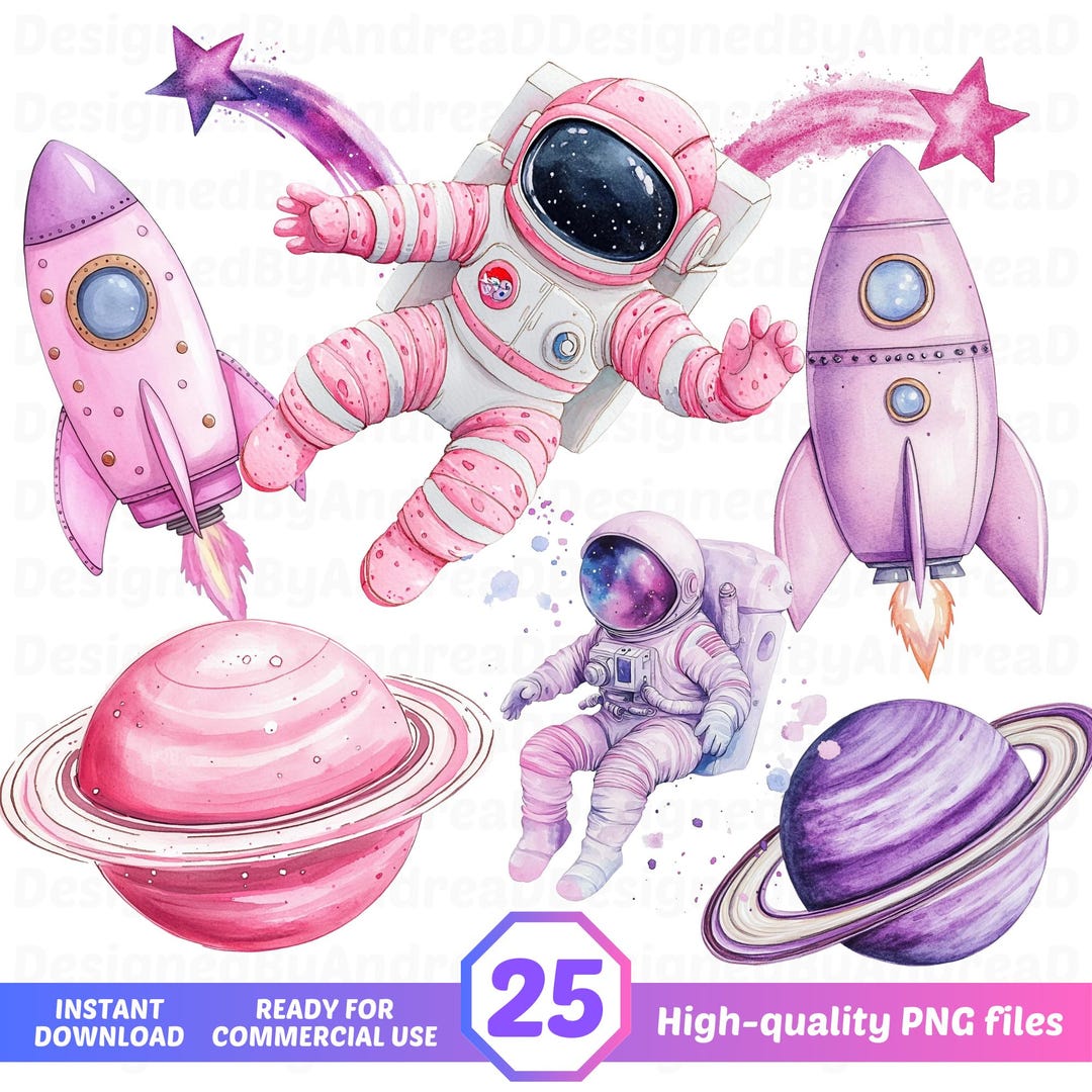 Watercolor Pink Space Clipart, Cute Astronauts Png, Outer Space, Rocket ...