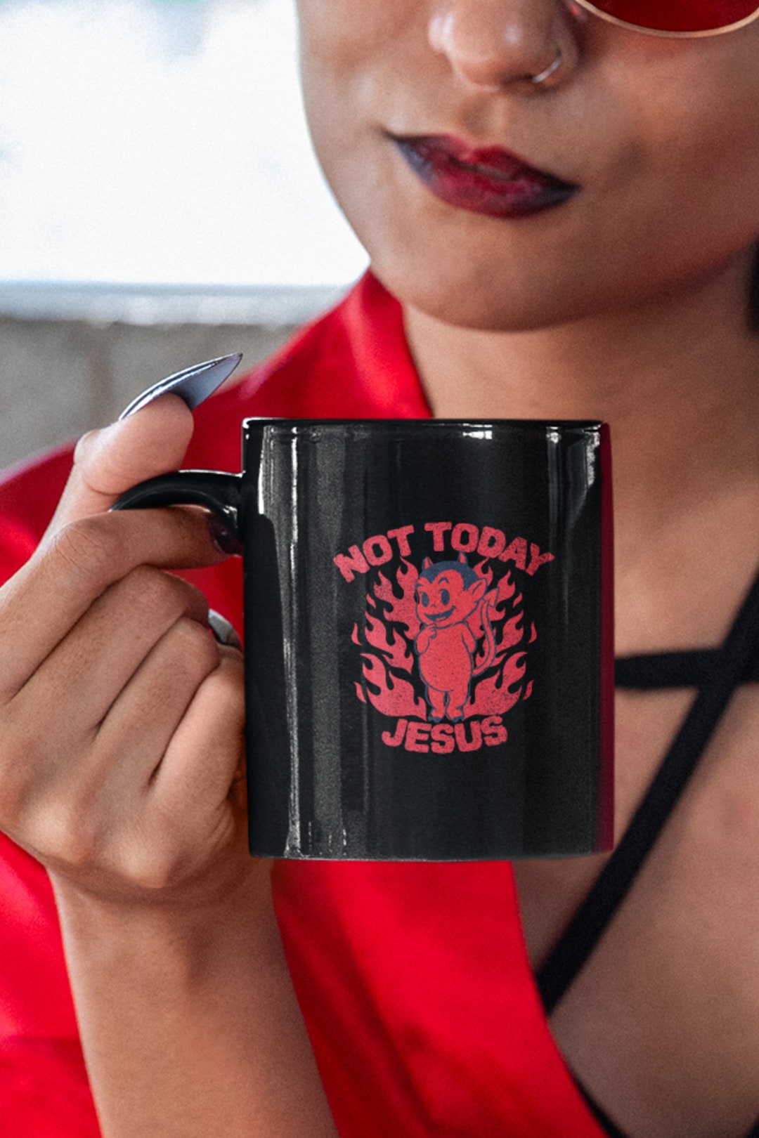 Not Today Jesus Retro Devil Glossy Black Mug, Funny Devil Coffee Mug ...