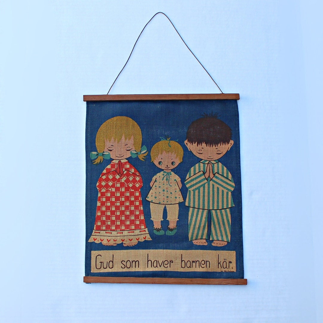 60s Swedish Jute Children's Prayer Wall Hanging, Vintage M Buhler ...