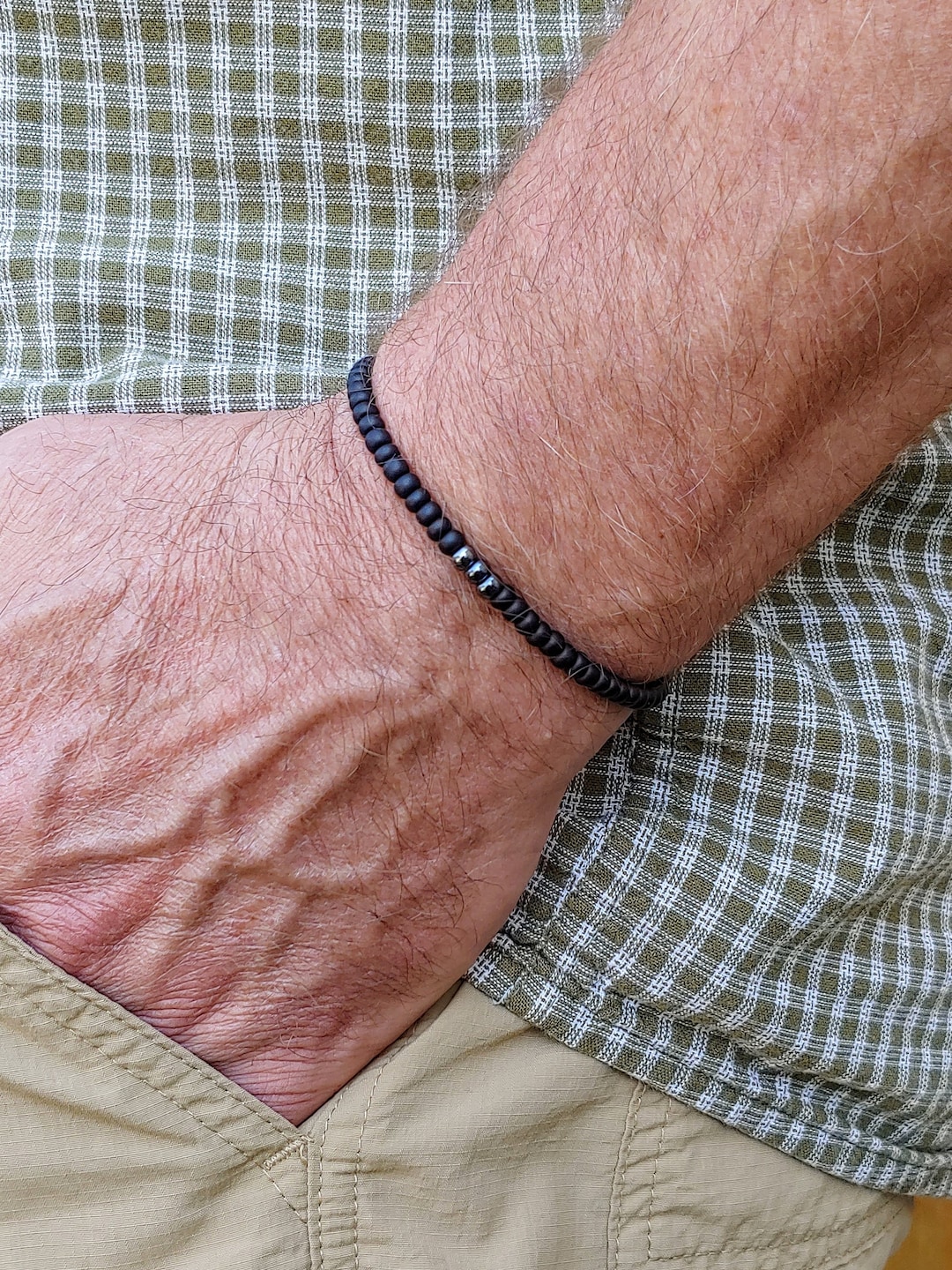 Mens Black Beaded Bracelet, High Quality Matte Black & Hematite Glass ...