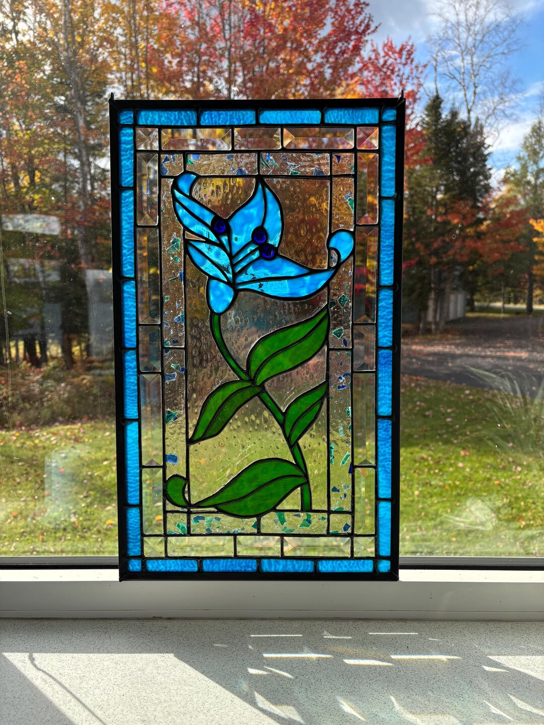 Zen Look of a Blue Flower in Stained Glass Panel. Ready to Go! - Etsy
