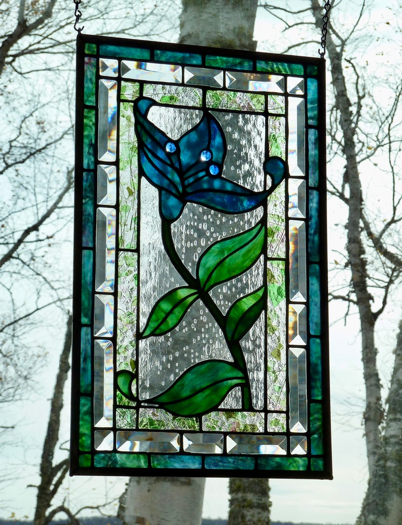 Zen Look of a Blue Flower in Stained Glass Panel. Make to - Etsy