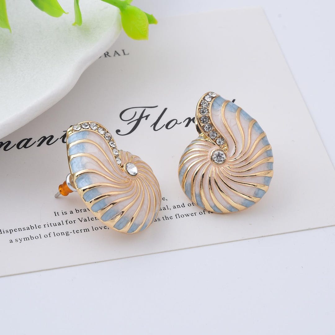 Nautilus Shell Stud Earrings, Gold Filled Trimmed Enamel Seashell Ocean ...