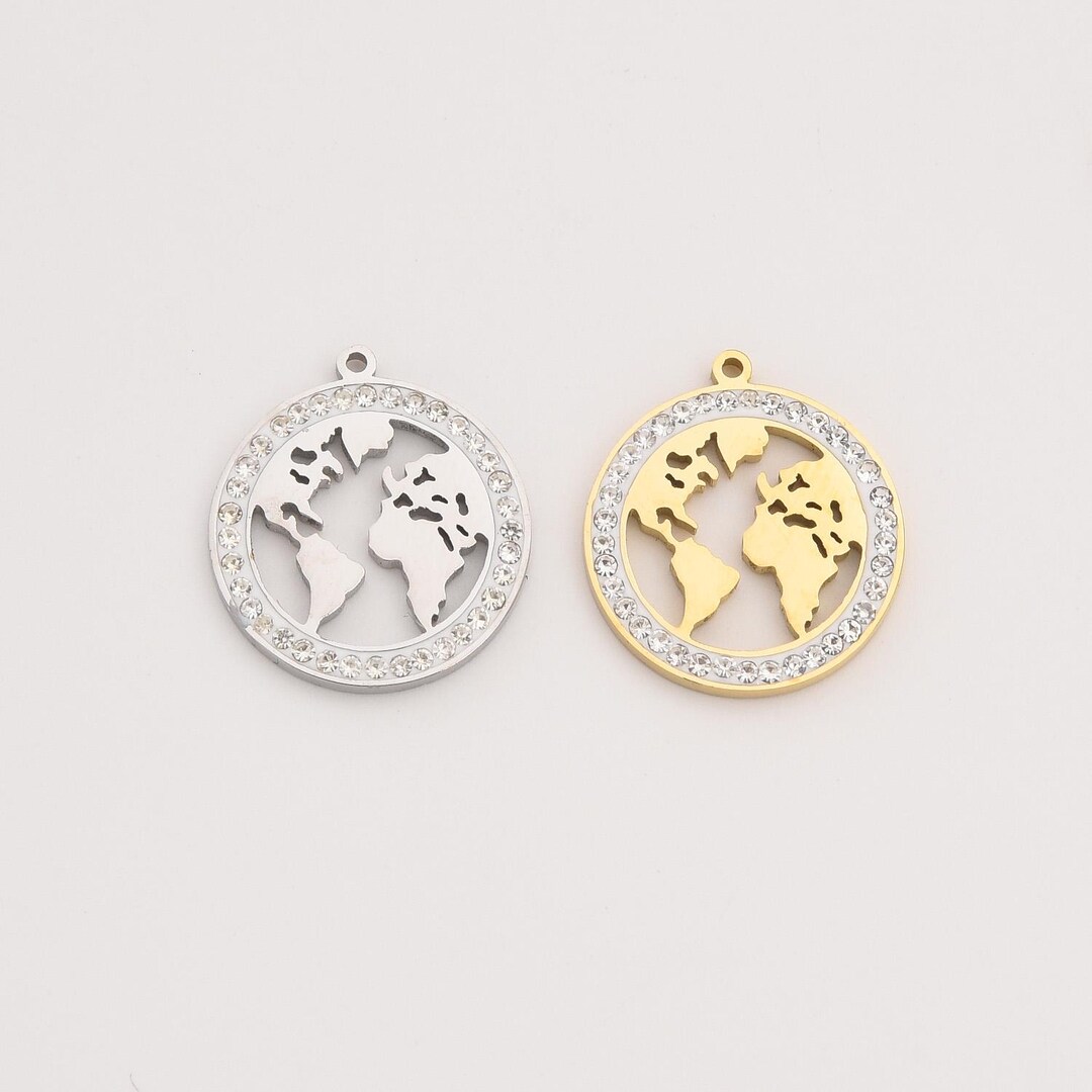 Gold Filled Globe Charm, CZ World Map Pendant in Stainless Steel for ...