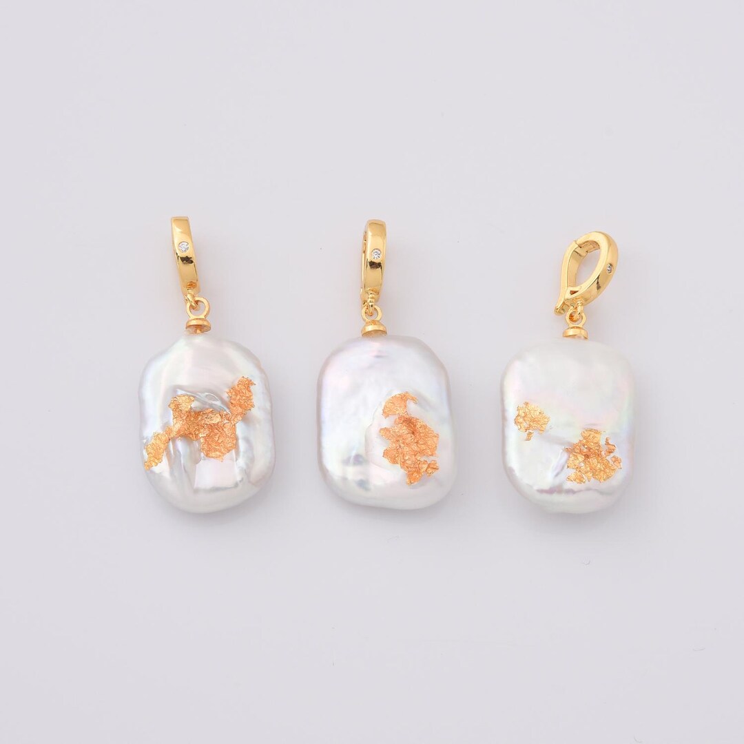 Gold Filled Rectangle Baroque Pearl Pendant With Gold Flakes, Irregular ...