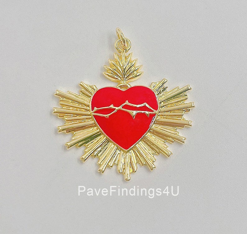 Red Enamel Heart Charm, Enamel Heart Pendant With Sunray, Gold Filled ...