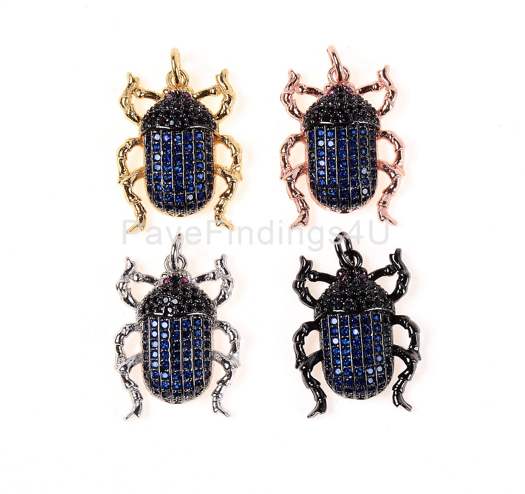 22K Gold Blue Sapphire, CZ Pave Beetle Charm Pendant, Cubic Zirconia ...