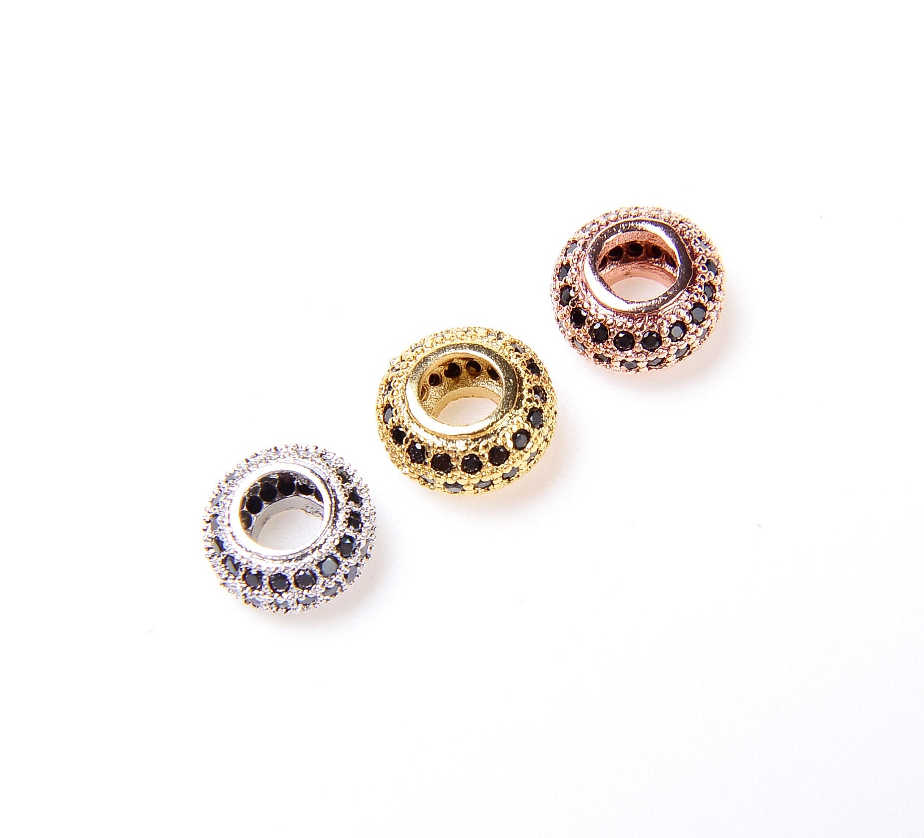 22K Gold CZ Black Pave Rondelle Bead CZ Black Micro Pave | Etsy