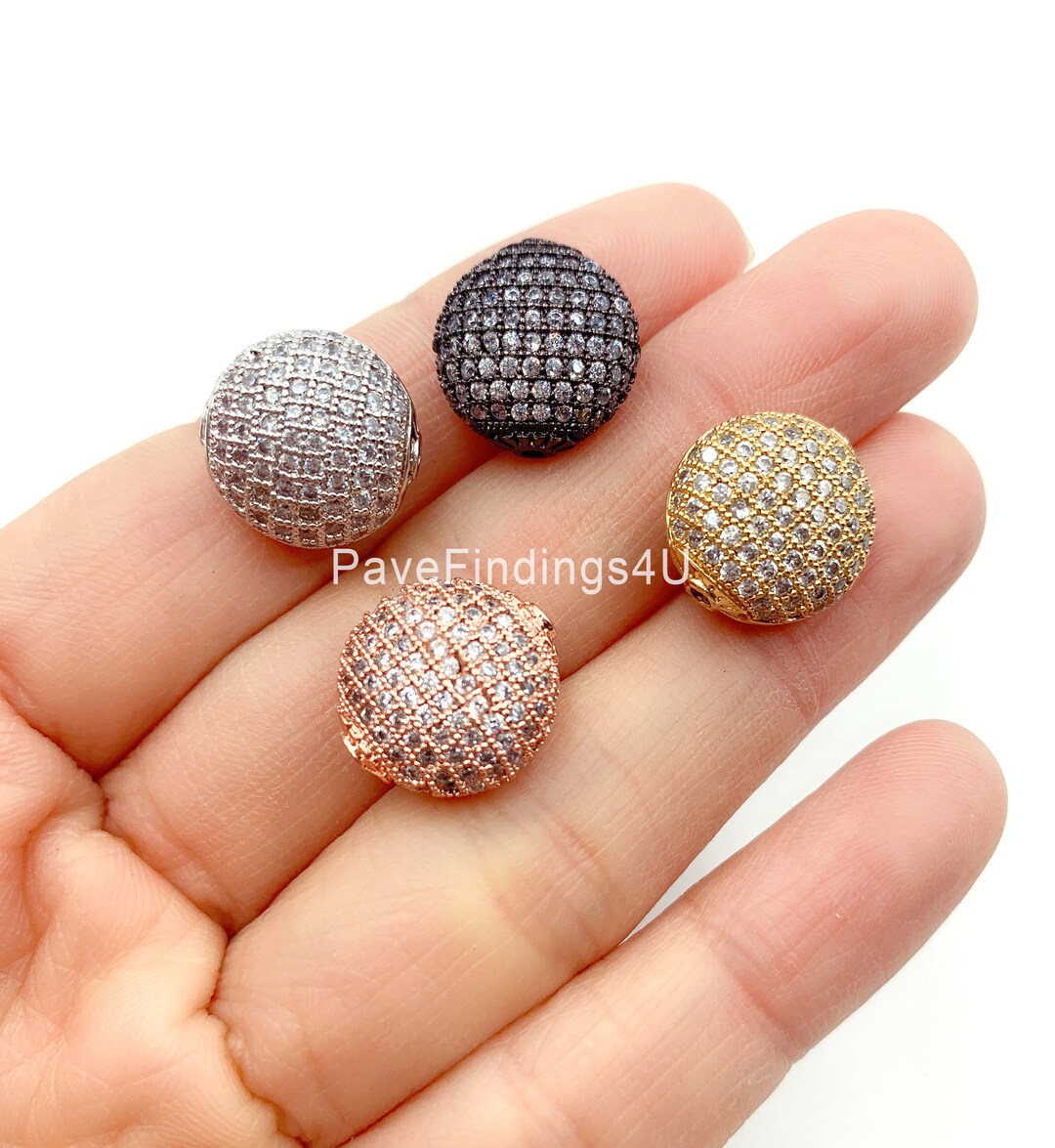 1pc/10pcs , CZ Micro Pave Flat Puffy Round Beads, CZ Cubic Zirconia ...