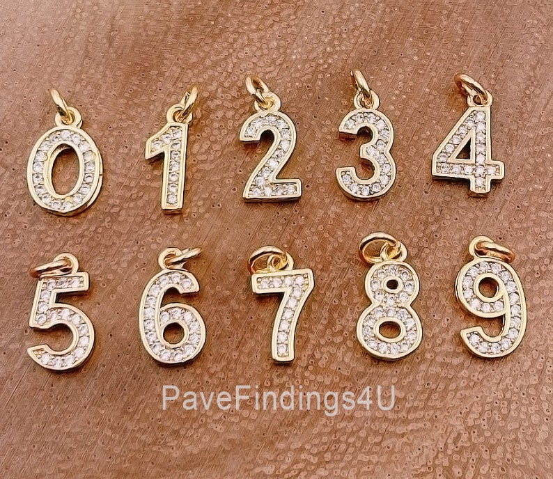 Gold Number Charms Micro Pave CZ Numbering Charms Pave Dangle Gold ...