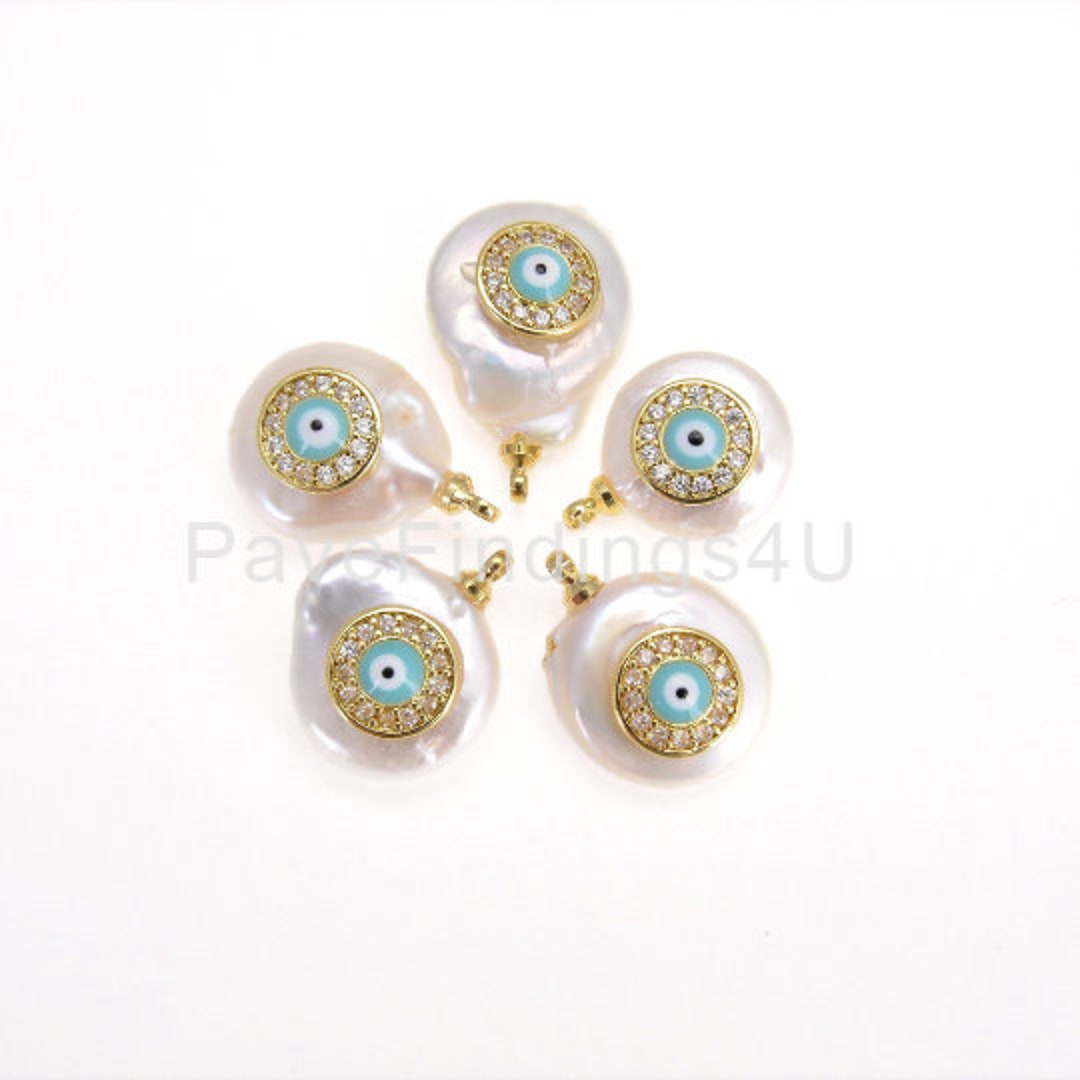 18K Gold Fresh Water Pearl Evil Eye Charm, Evil Eye Necklace, Micro ...