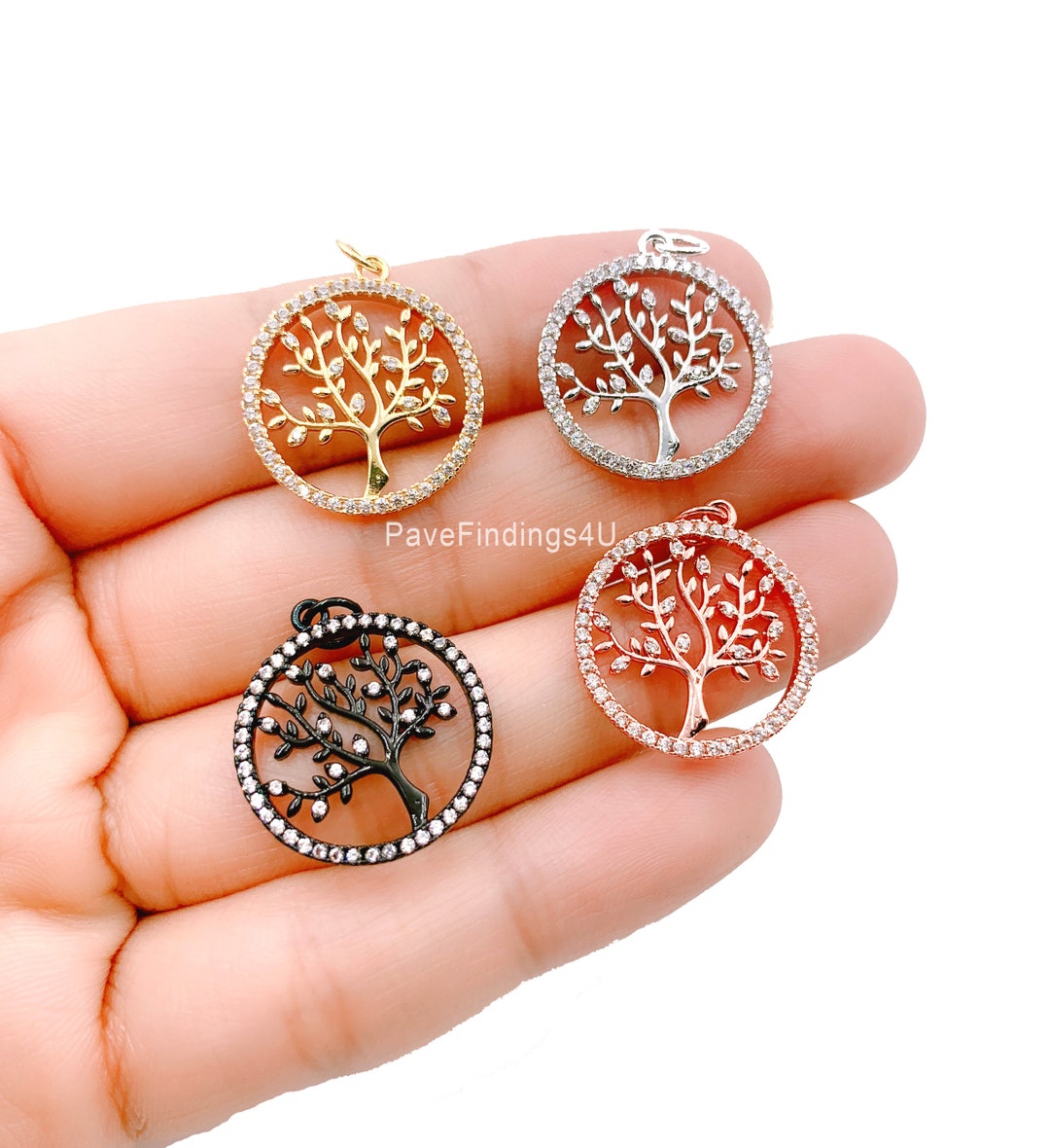 Tree of Life Charm Pendant, 18K Gold CZ Micro Pave Tree of Life Charm ...