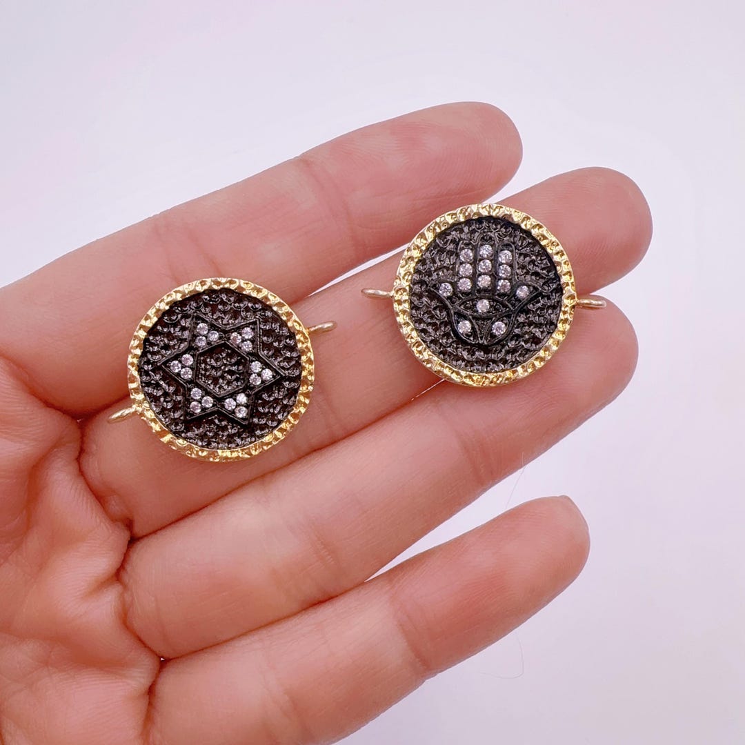 Hamsa Hand Connector, 18K Gold CZ Micro Pave 2 Tone Black & Gold Hamsa ...