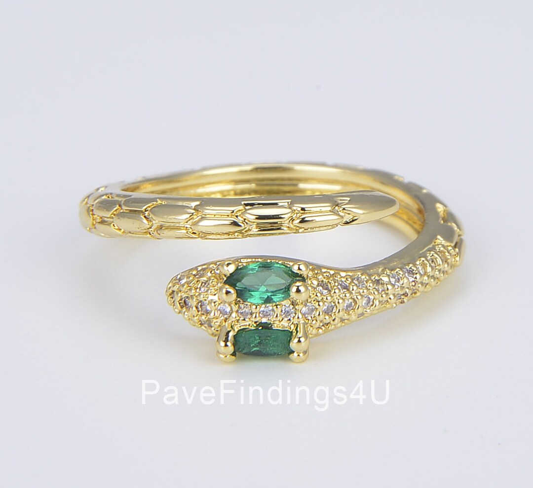 18K Gold Emerald Green CZ Snake Ring, Dainty Gold Adjustable Snake Ring ...