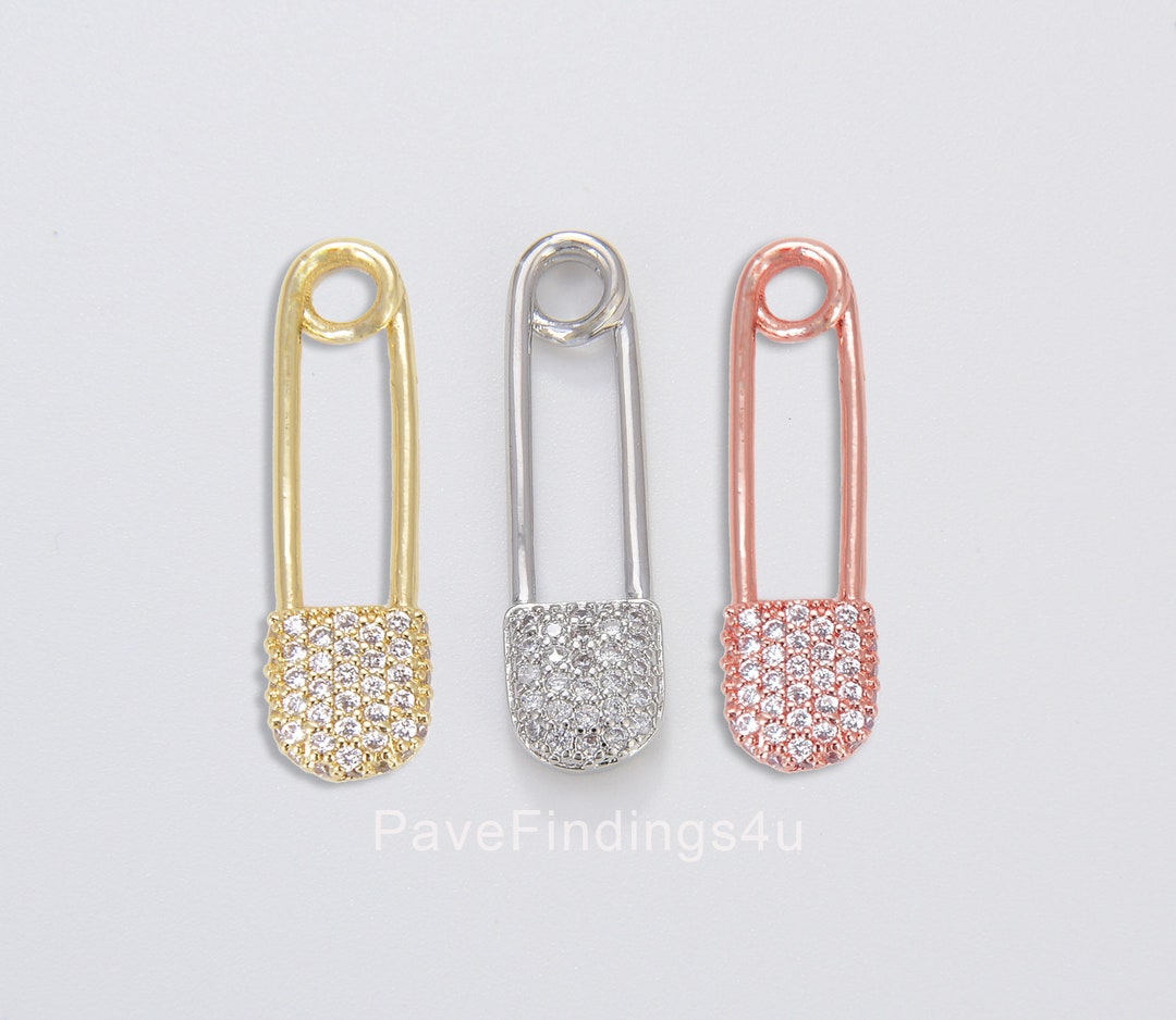 Safety Pin Charms, Cubic Zirconia, 18K Gold CZ Micro Pave Pin Charm ...