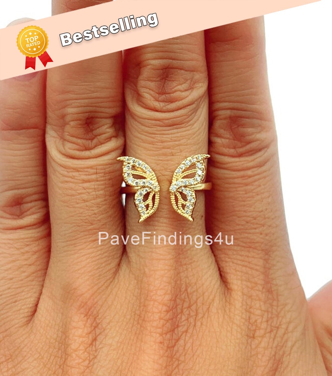 14K Gold Butterfly Ring Dainty Monarch Ring, Adjustable Ring ...