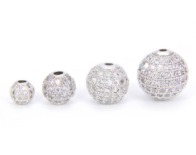 CZ Micro Pave Round Ball Bead, Cubic Zirconia Pave Beads, Rhodium ...