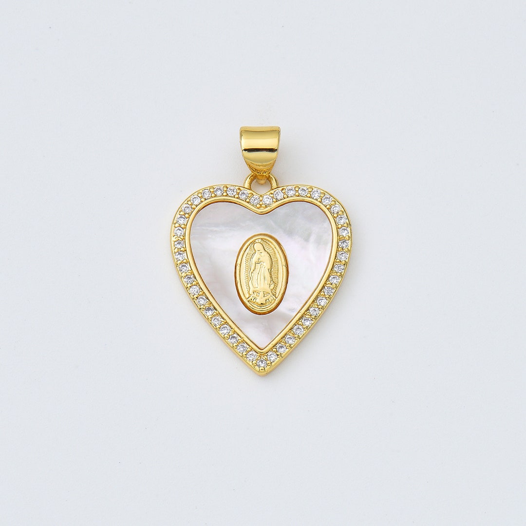 Gold Filled Blessed Virgin Mary Shell Pearl Heart Charm, Lady of ...