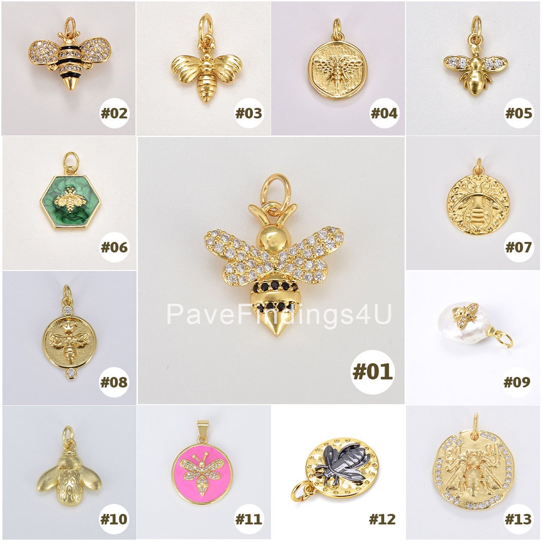 18K Gold Filled Bee Charm, Gold Bee Pendant, Cubic Zirconia Bee Pendant ...