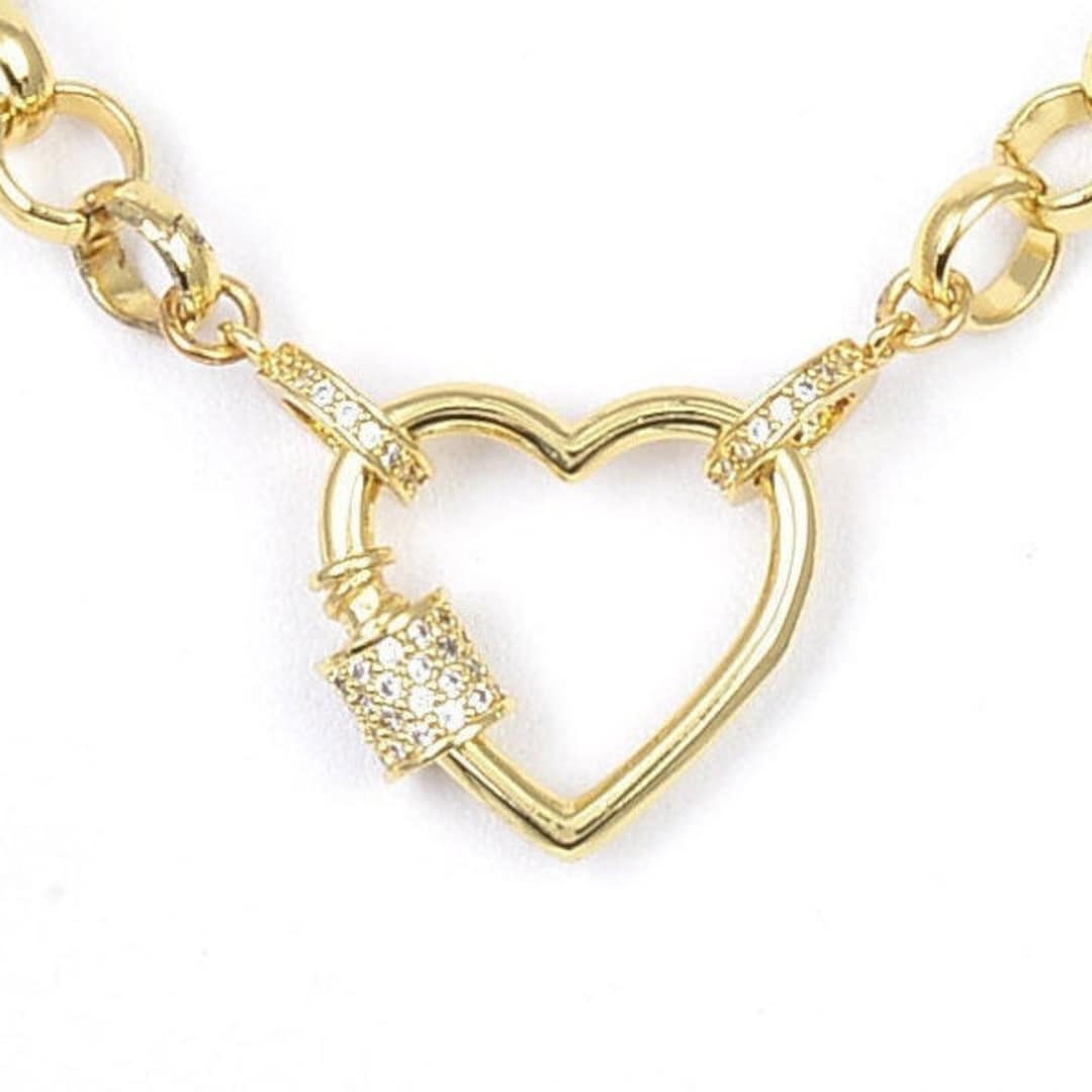 18K Gold Love Heart Shaped Screw Clasp, Gold CZ Screw Clasp Micro Pave ...