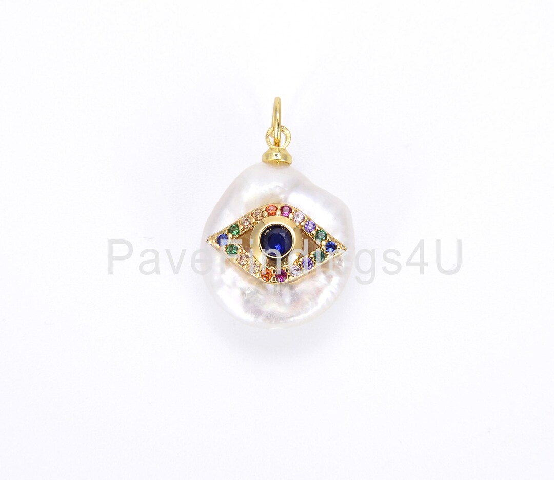 Freshwater Pearl Evil Eye Charm, 18K Gold Multiple CZ Micro Pave Evil ...