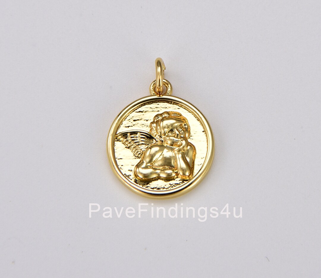 Round Gold Medal Angel 18K Gold Charm Pendant, Angel Charm, Cupid Charm ...