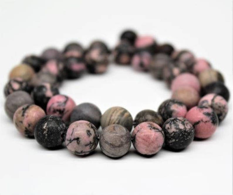 Natural Matte Rhodonite Smooth Round Bead, Matte Black Pink Gemstone ...