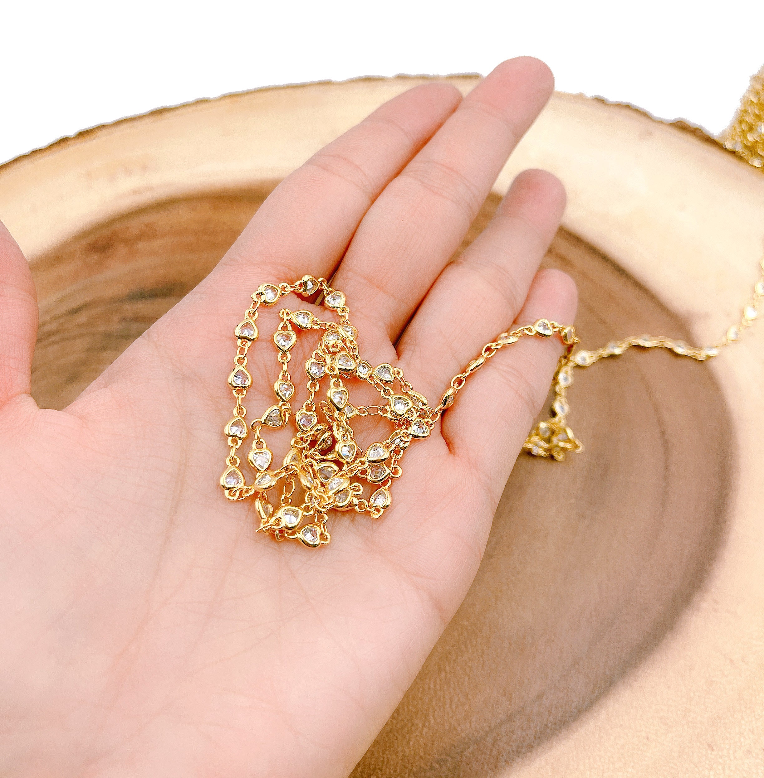 14K Gold Chain Heart CZ Chain by Foot Bulk Chain By Foot | Etsy