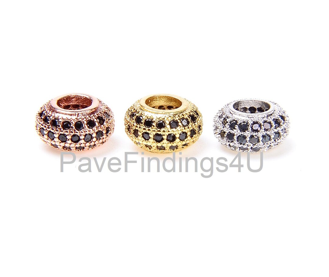 22K Gold CZ Black Pave Rondelle Bead, CZ Black Micro Pave Cylinder ...