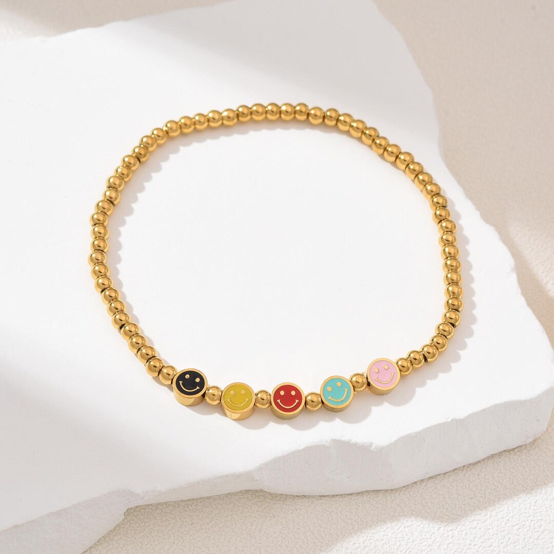 Gold Filled Beaded Smiley Face Bracelet, Colorful Enamel Round Beads ...