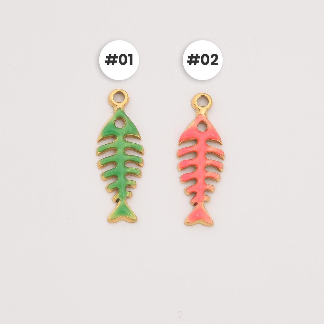 Gold Filled Enamel Fish Bone Charm, Stainless Steel Skeleton Pendant ...