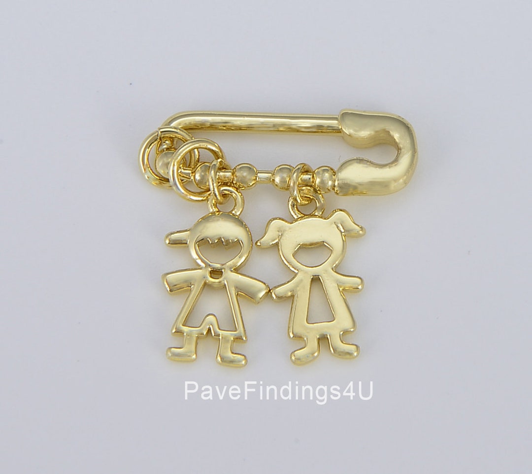 Boy and Girl Safety Pin Brooch Charm, 18K Gold Safety Pin Charm, Baby ...
