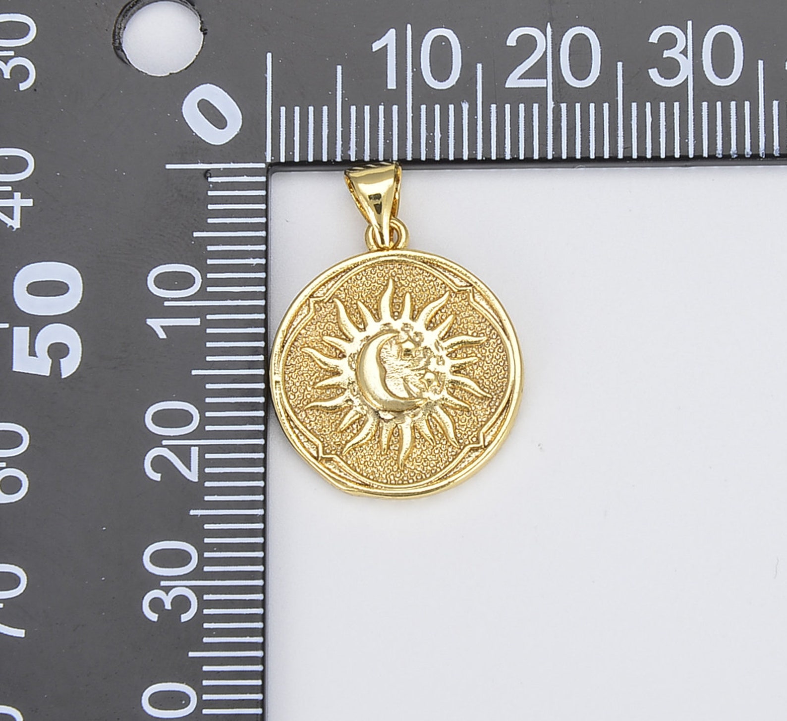18K Gold Sun and Moon Charm, Celestial Sunshine Charm, Crescent Moon ...
