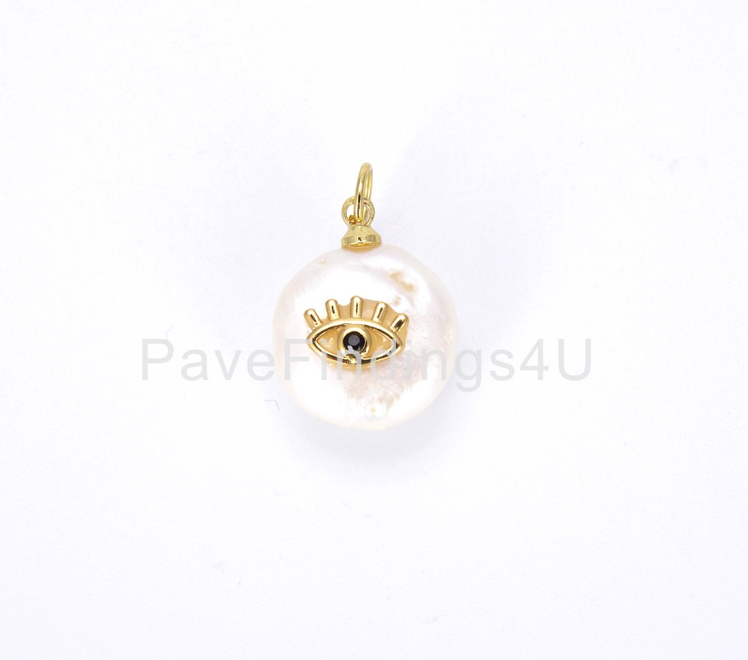 Freshwater Pearl Evil Eye Charm, 18K Gold CZ Micro Pave Evil Eye ...