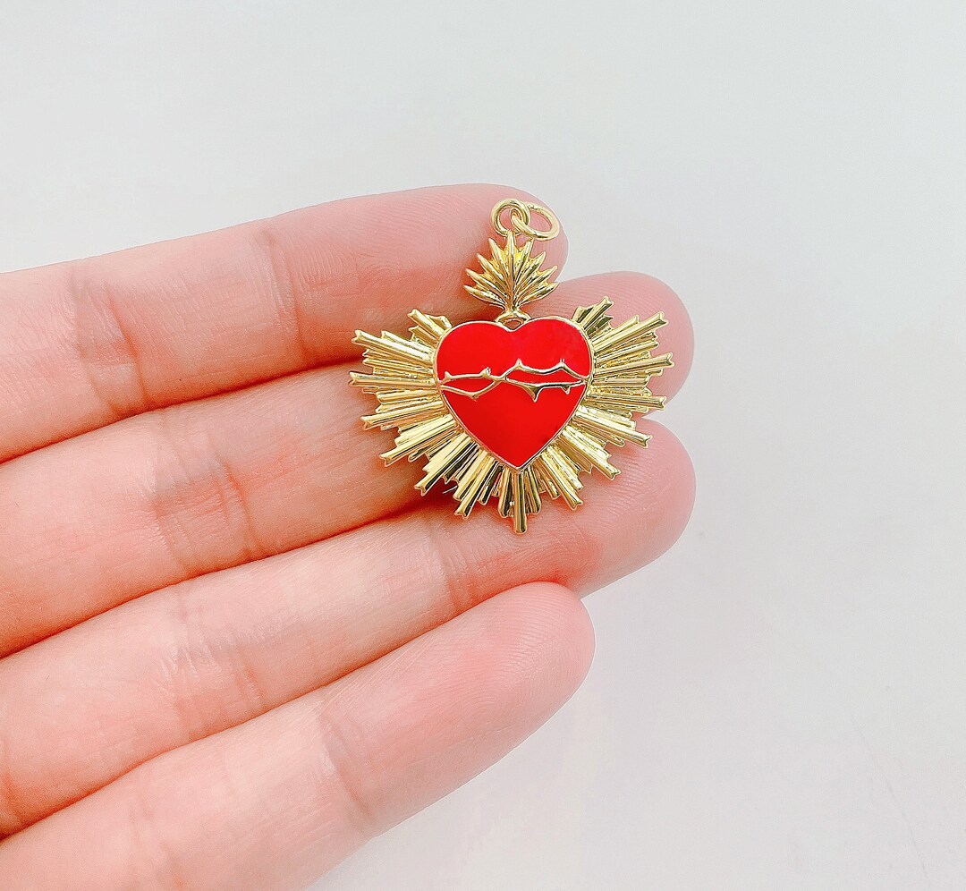 Red Enamel Heart Charm, Enamel Heart Pendant With Sunray, Gold Filled ...
