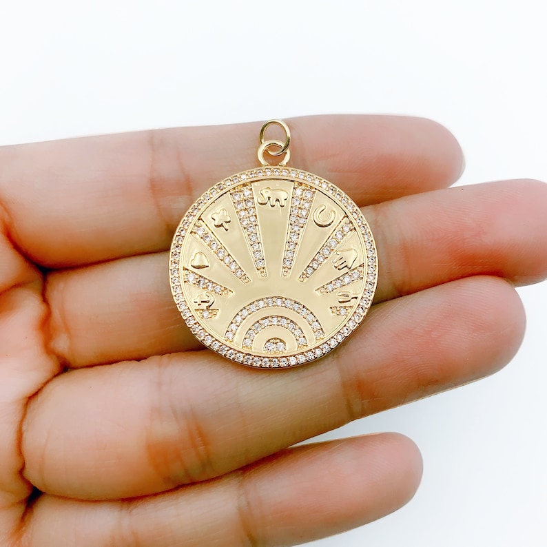 New Gold Lucky Coin Talisman Charm Necklace, 14K Gold Disc Round ...