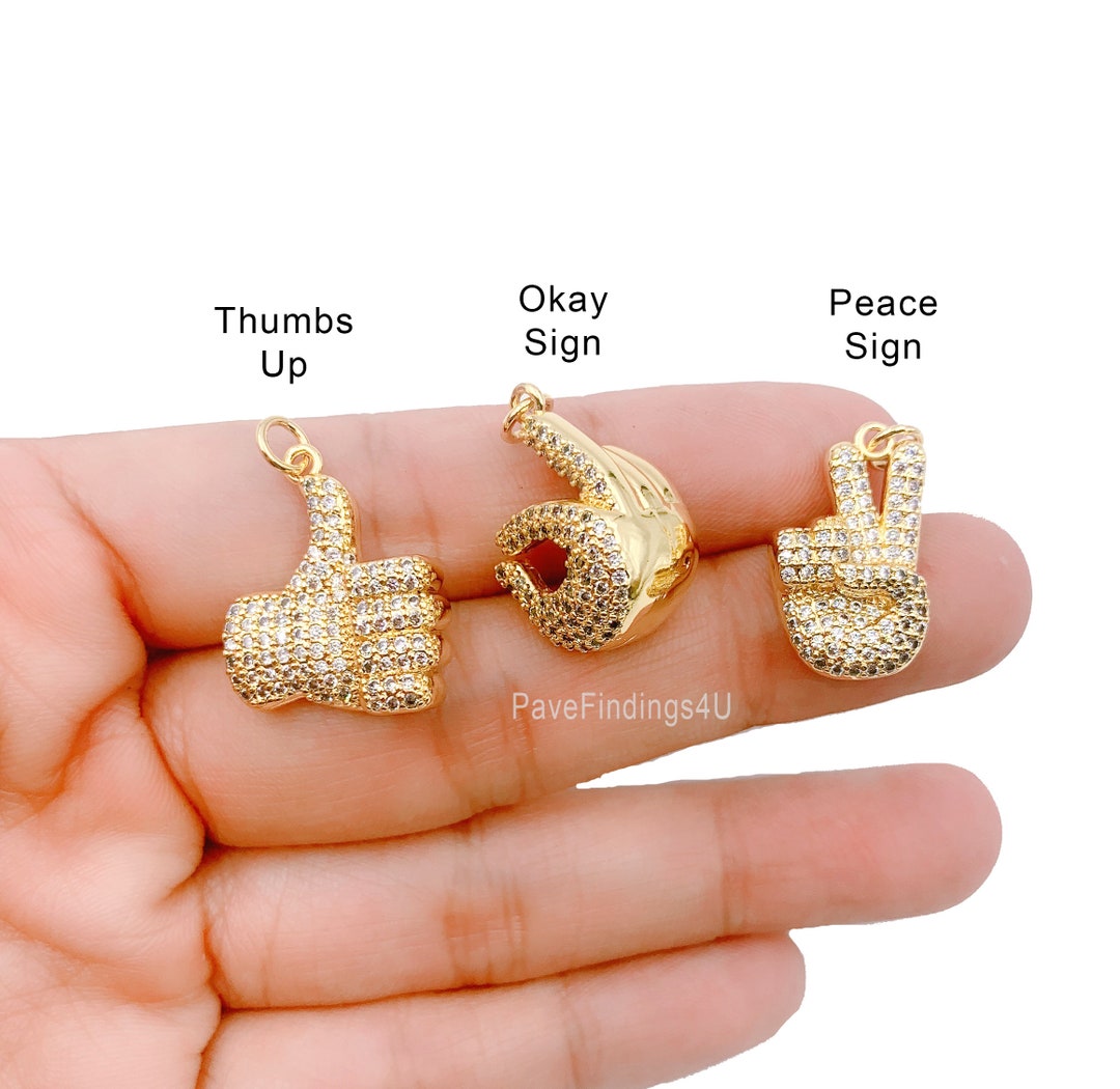 24K Gold Hand Sign Charm, CZ Micro Pave Hand Sign Pendant, OK Hand Sign ...