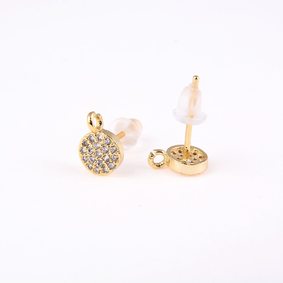 18K Gold Disc Pave CZ Earring With Loop, CZ Micro Pave Round Coin ...