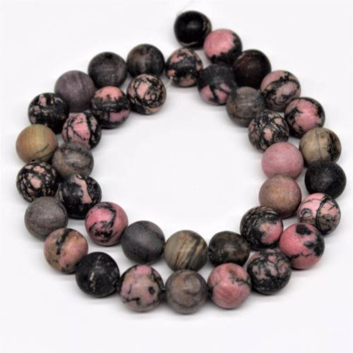 Natural Matte Rhodonite Smooth Round Bead, Matte Black Pink Gemstone ...
