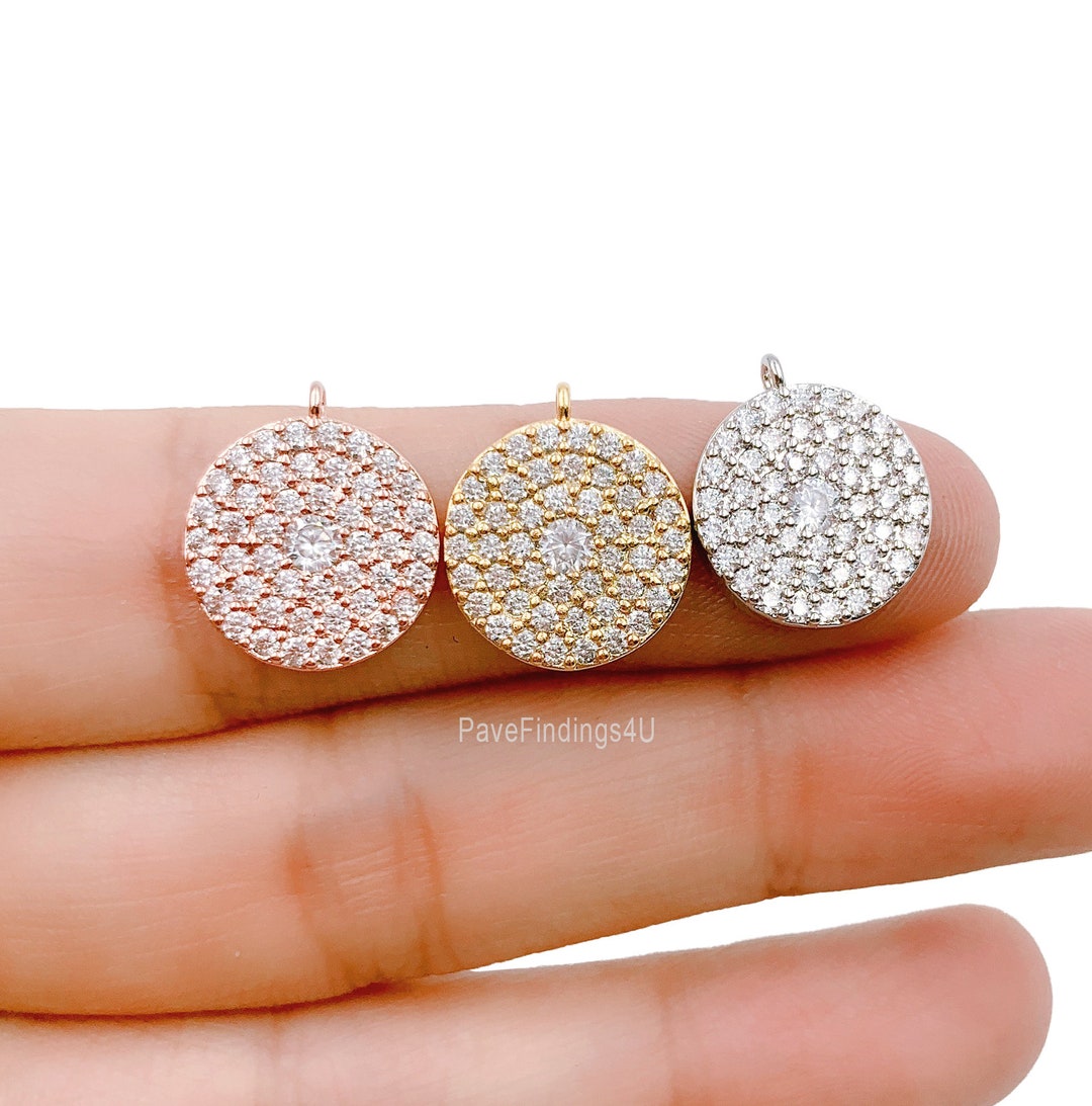 18K Gold Round Disc Charm CZ Micro Pave Disc Pendant Large - Etsy