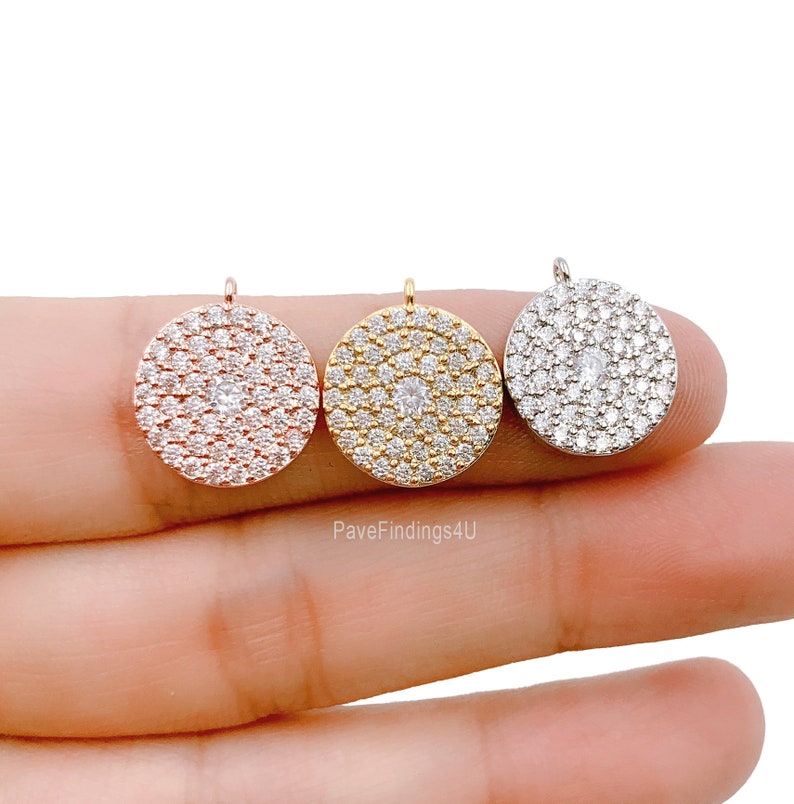 18K Gold Round Disc Charm CZ Micro Pave Disc Pendant Large | Etsy