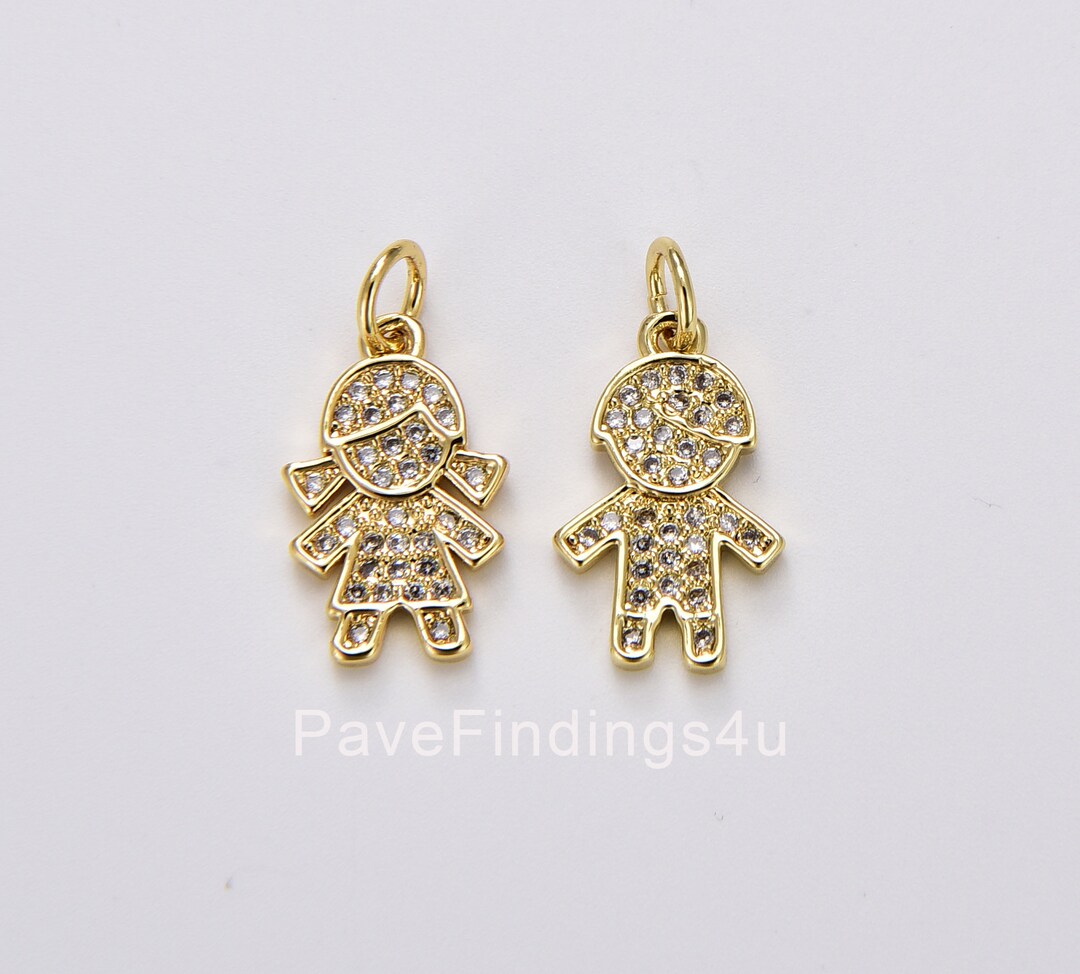 18K Gold Boy and Girl Charm Pendant, CZ Micro Pave Boy and Girl Pendant ...