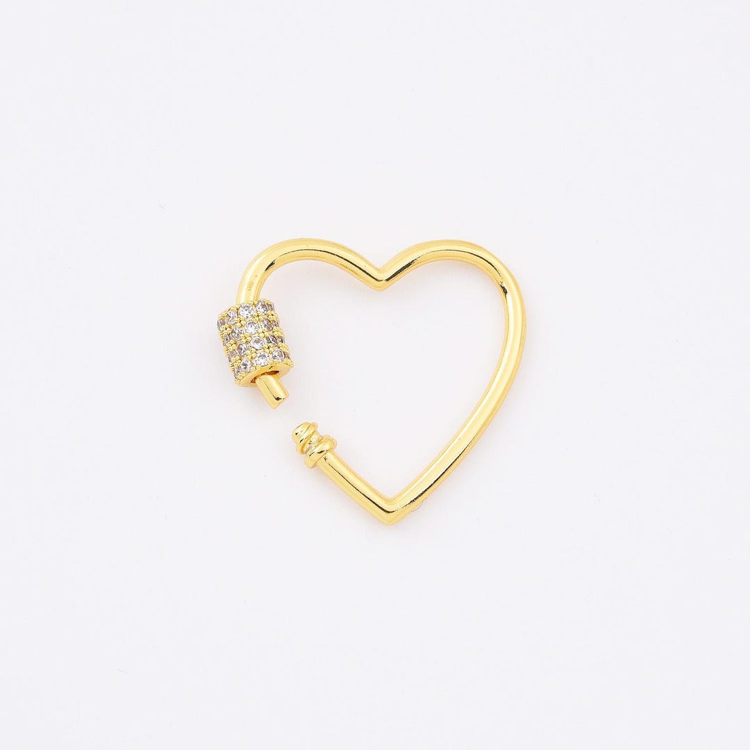 18K Gold Love Heart Shaped Screw Clasp, Gold CZ Screw Clasp Micro Pave ...